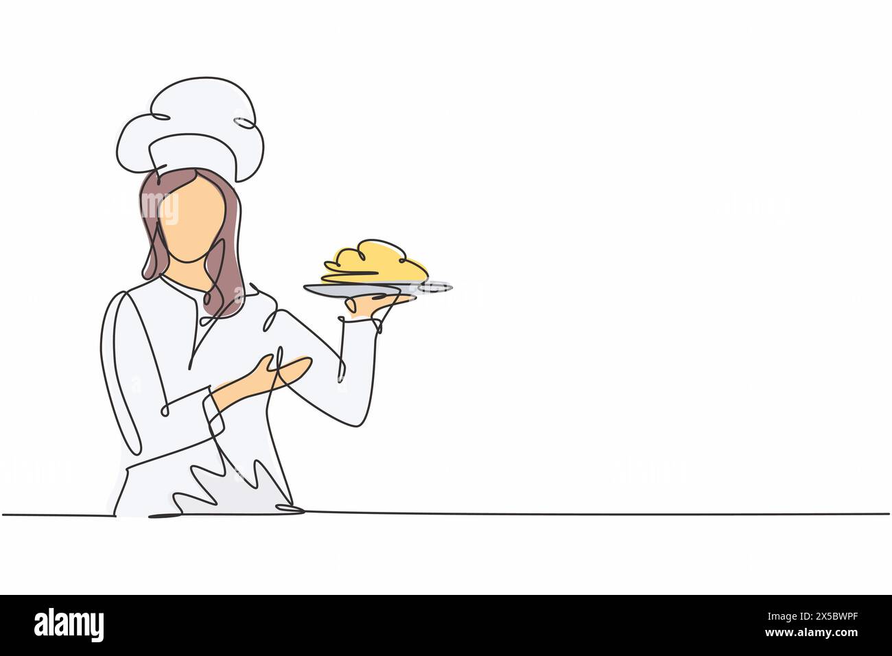 Single one line drawing young happy beauty female chef give tasting ...