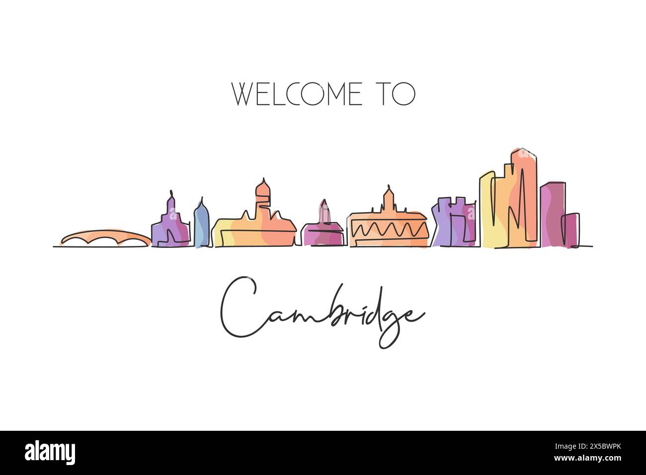 Single continuous line drawing Cambridge city skyline, Massachusetts ...