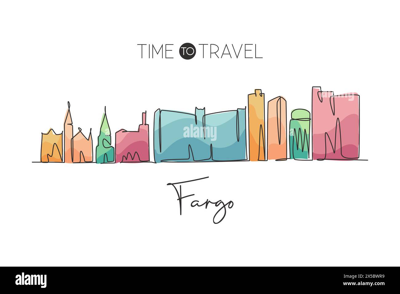 One single line drawing Fargo city skyline, North Dakota. World ...
