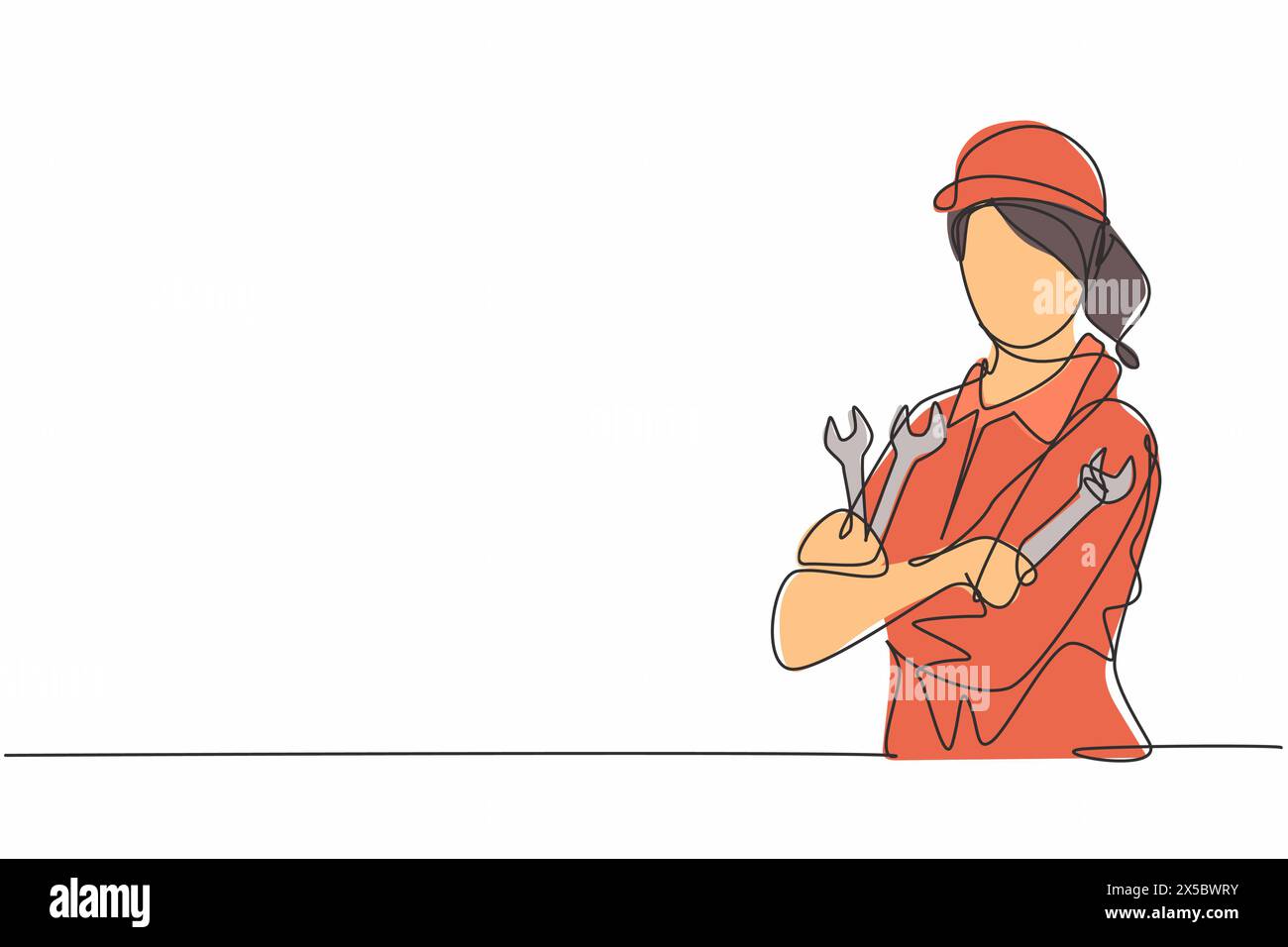 Continuous one line drawing of young female mechanic pose cross arms ...