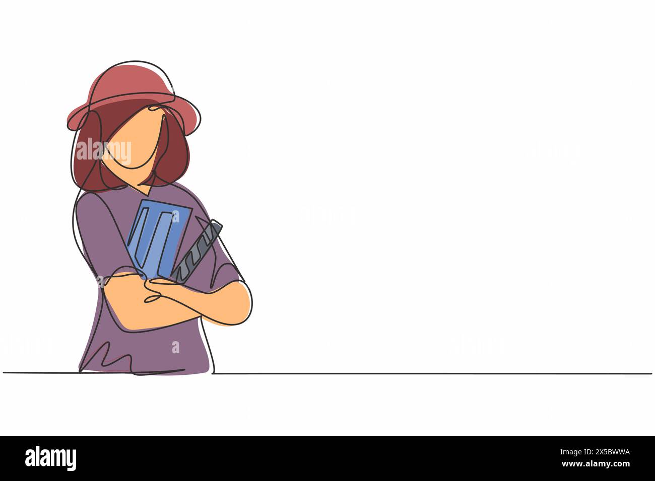 Single continuous line drawing of young female film director cross arms ...