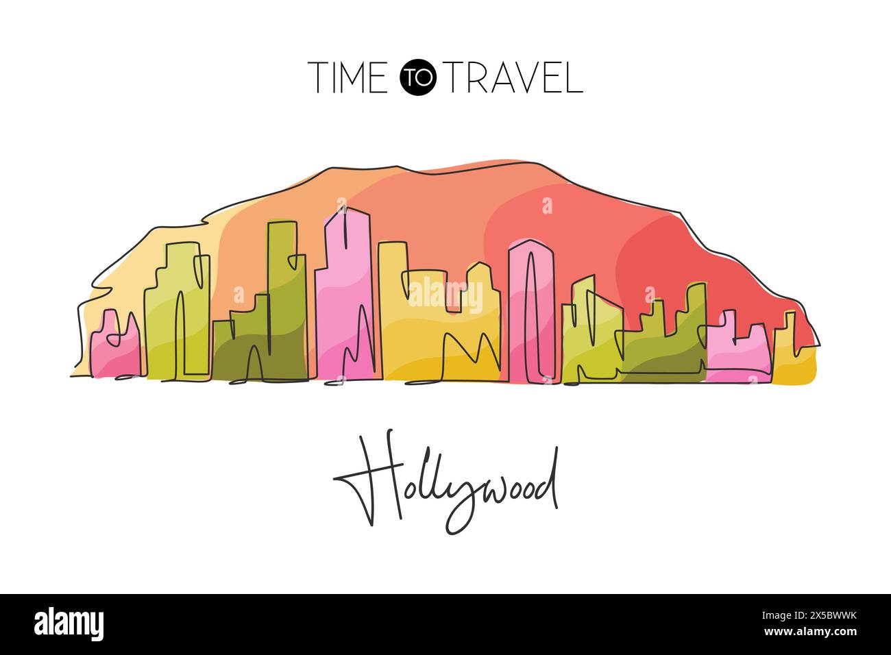 Single continuous line drawing of Hollywood skyline, Los Angeles ...