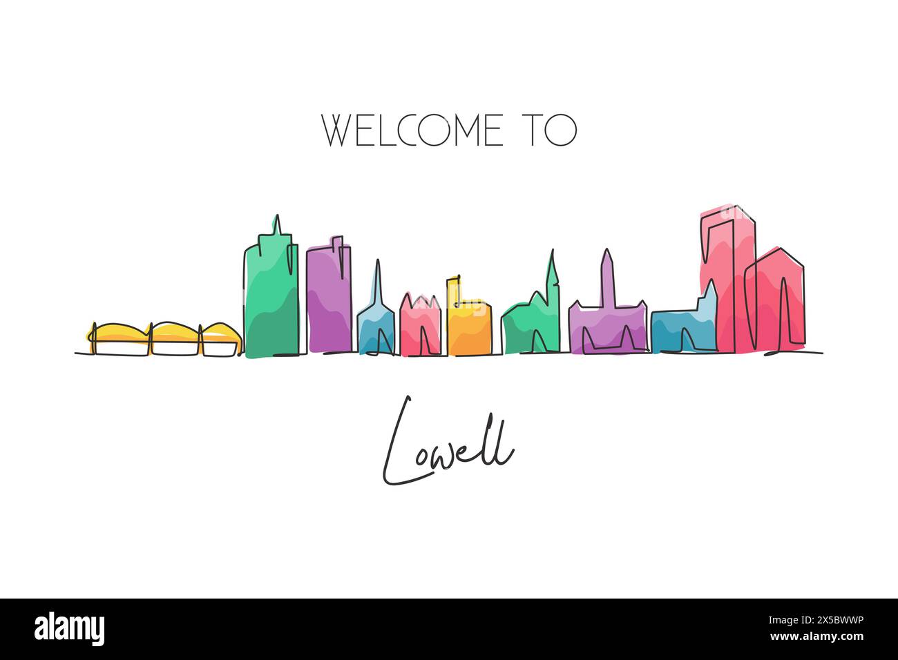 One single line drawing Lowell city skyline, Massachusetts. World ...