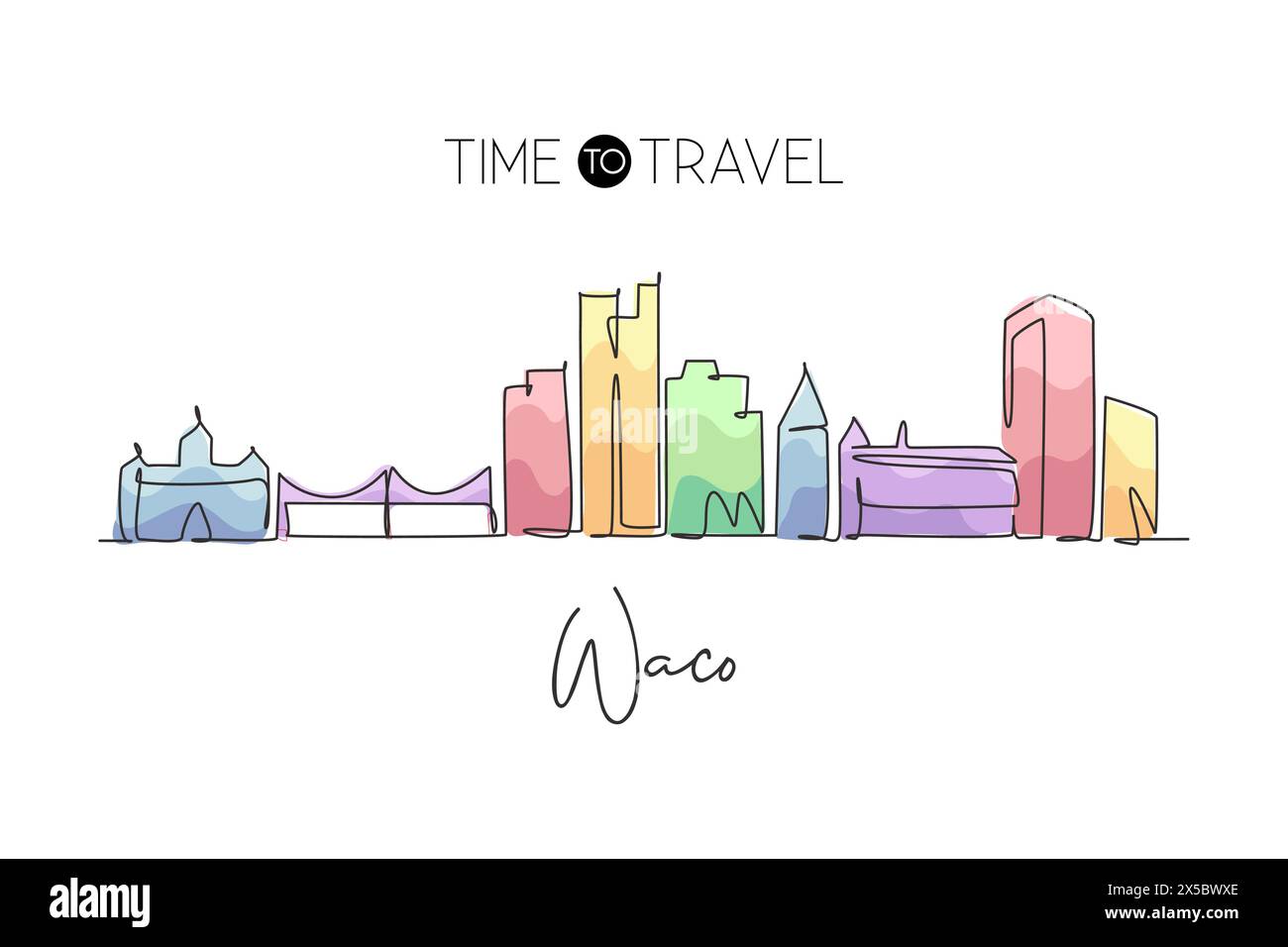 Single continuous line drawing of Waco skyline, Texas. Famous city ...