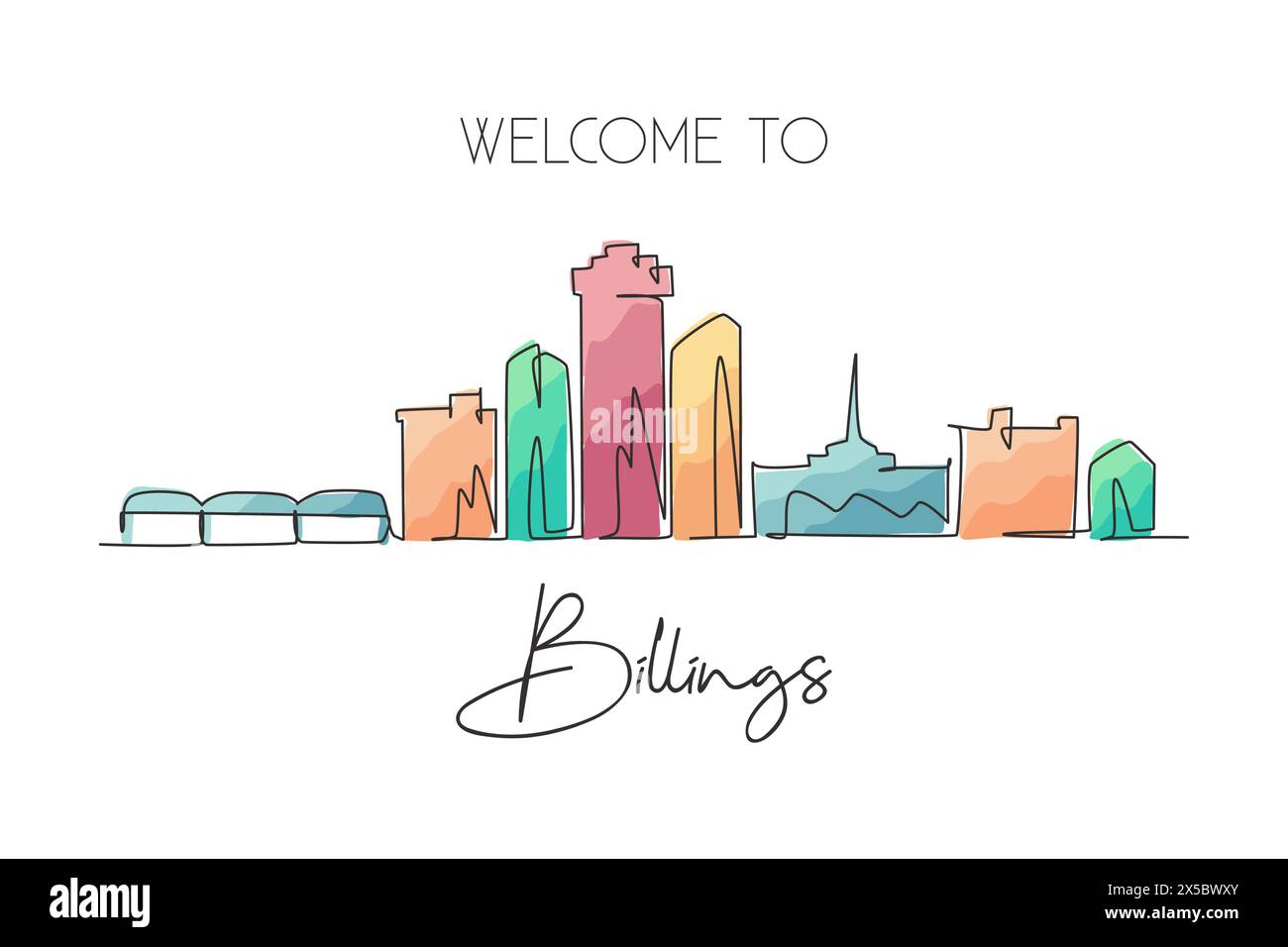Single continuous line drawing of Billings skyline, Montana. Famous ...