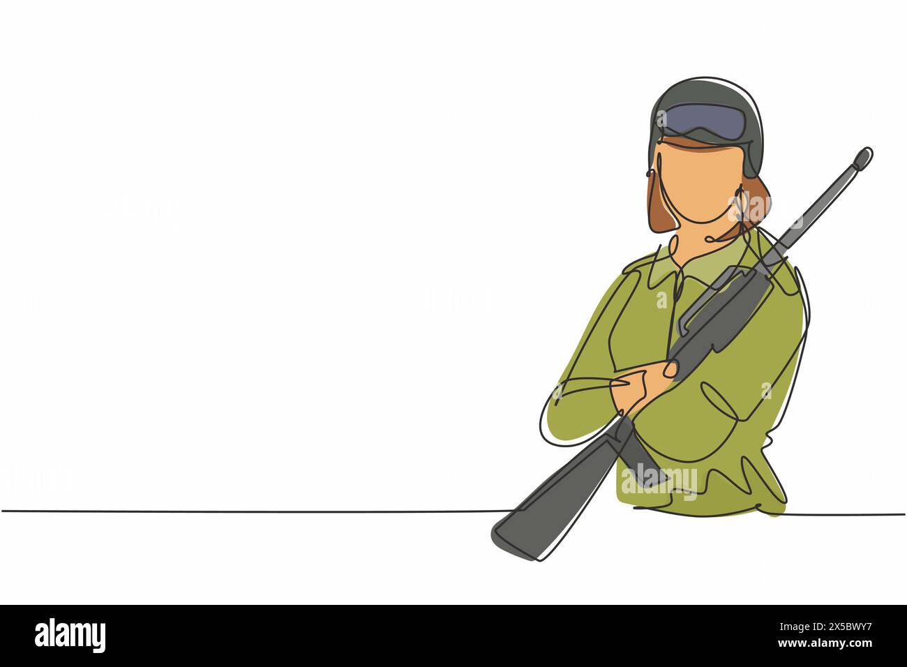 Continuous one line drawing of young female soldier carrying weapon ...