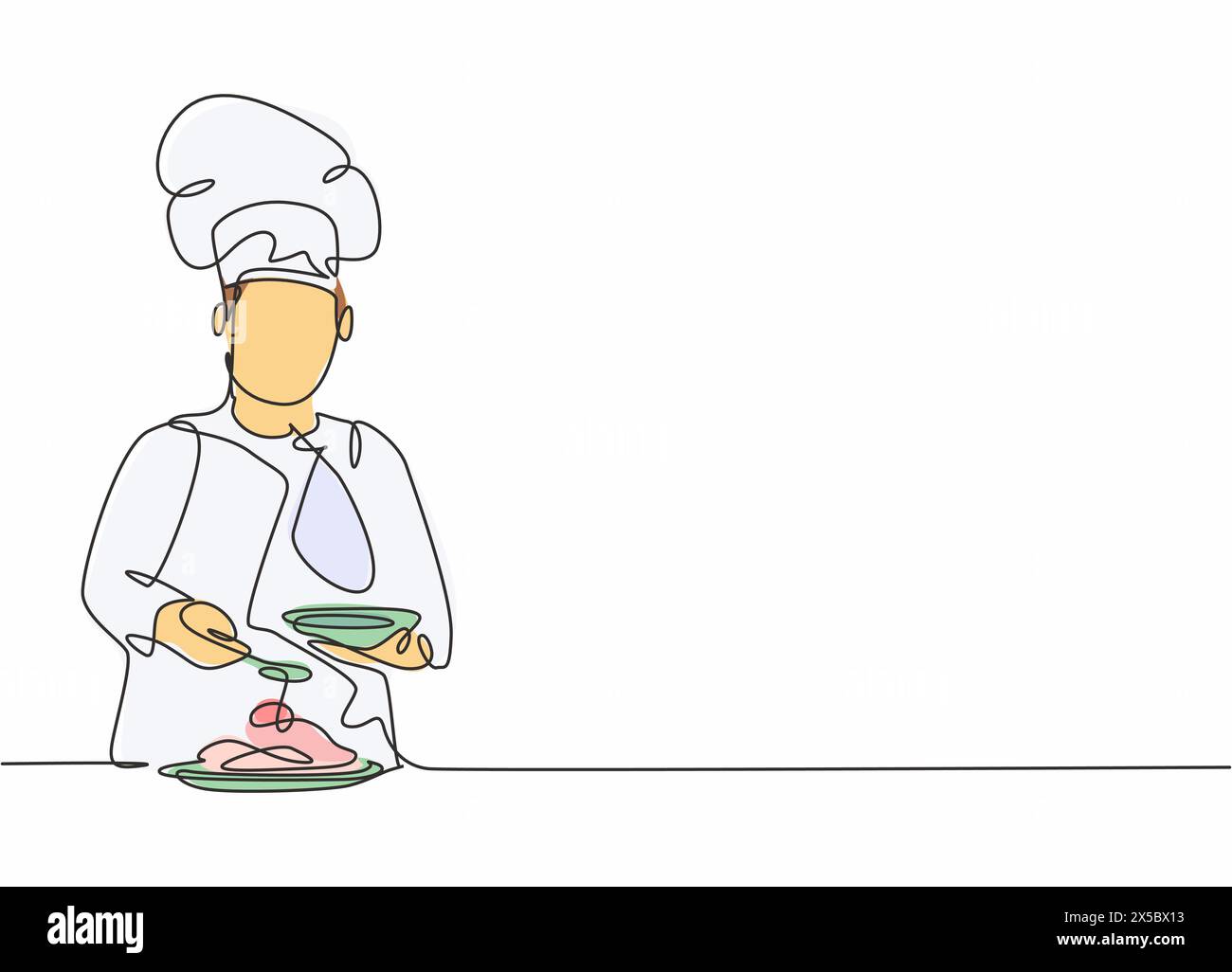 Single continuous line drawing of young happy male chef pouring sauce ...