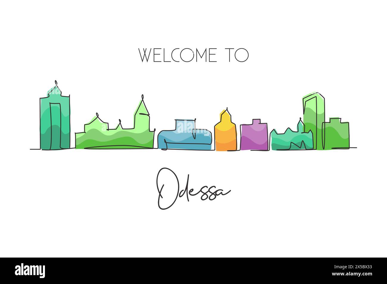 One single line drawing Odessa city skyline, Texas. World historical ...