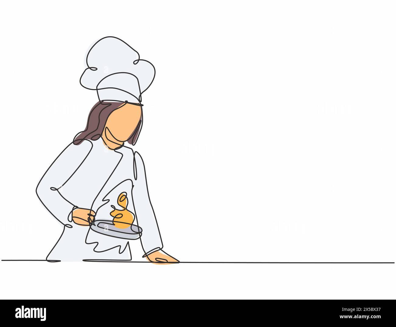 Single continuous line drawing of young beauty female chef preparing to ...