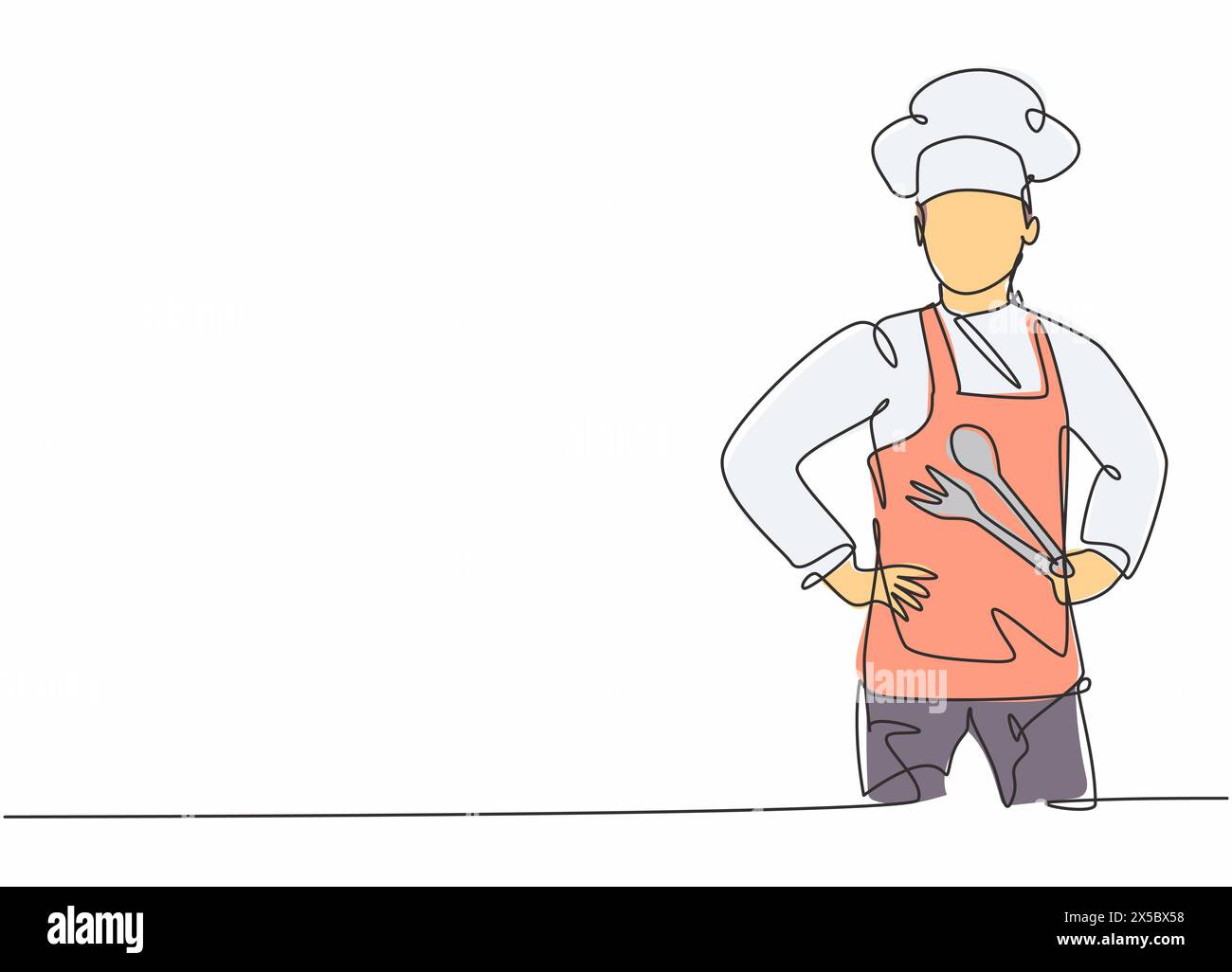 Continuous one line drawing of young male chef posing and holding spoon ...