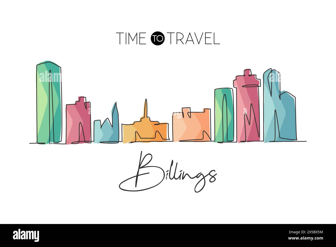 One continuous line drawing Billings city skyline, Montana. Beautiful ...