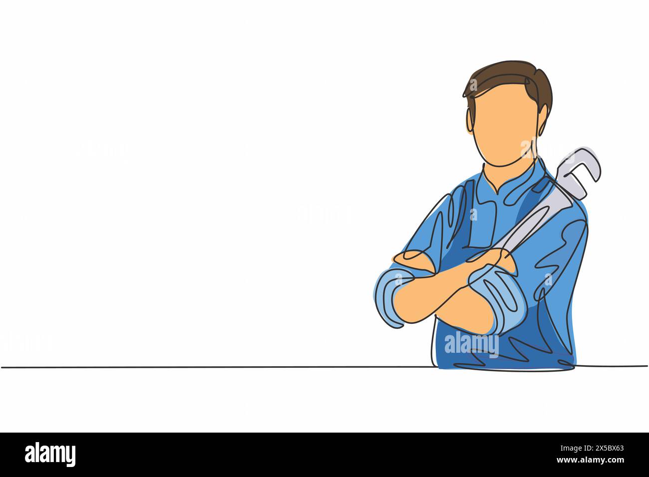 Continuous one line drawing of young male plumber cross his arm on ...