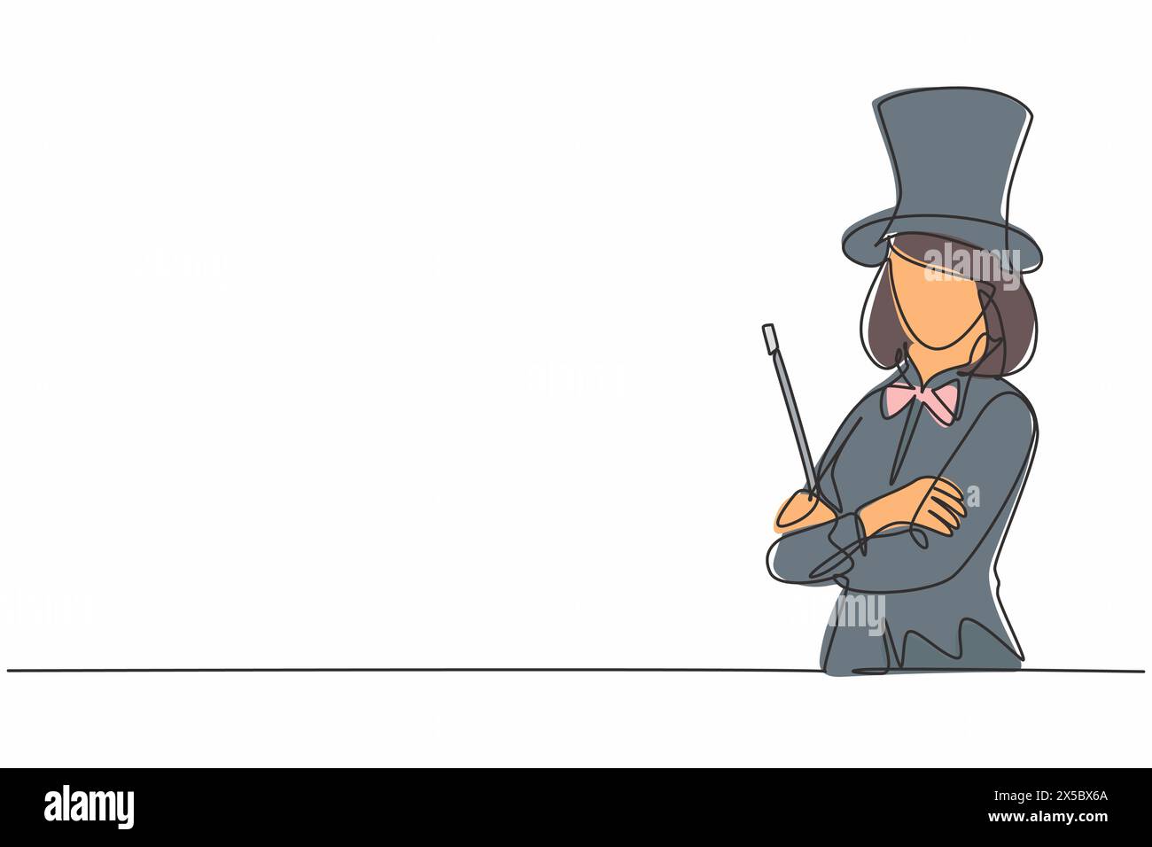 Single one line drawing of young female magician on tuxedo holding ...