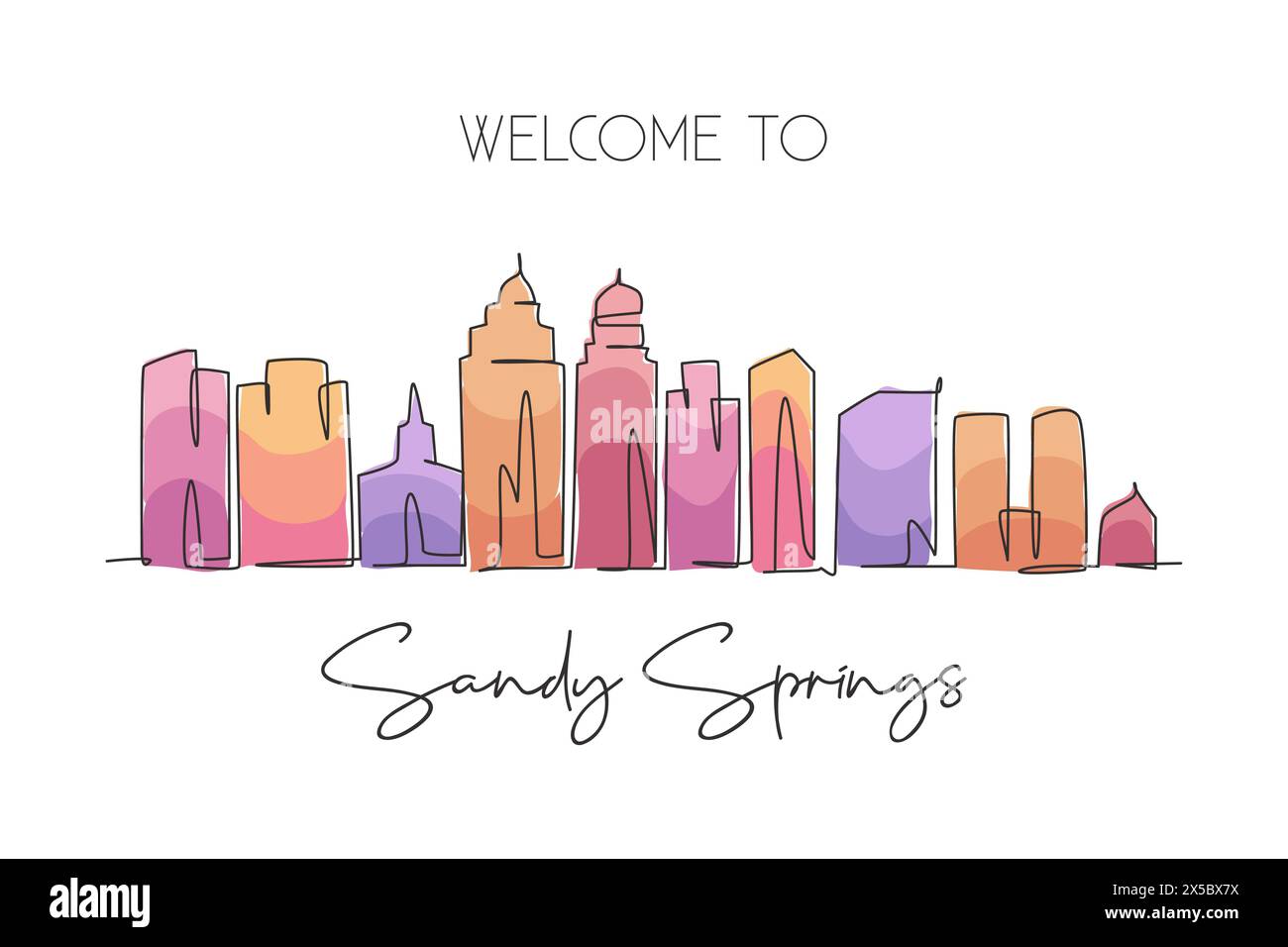 Single continuous line drawing Sandy Springs skyline, Georgia. Famous ...