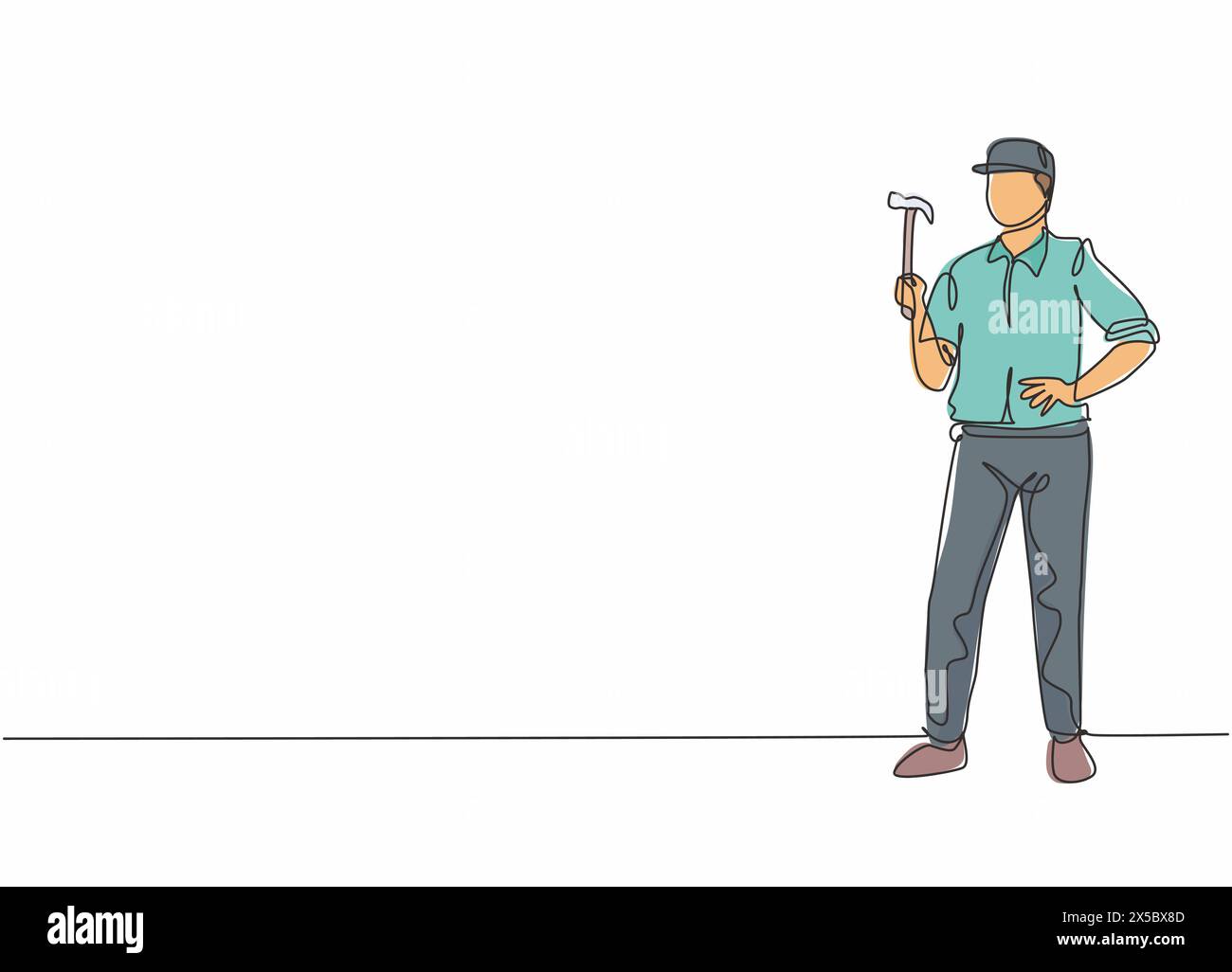 Continuous one line drawing of young handyman holding hammer ...