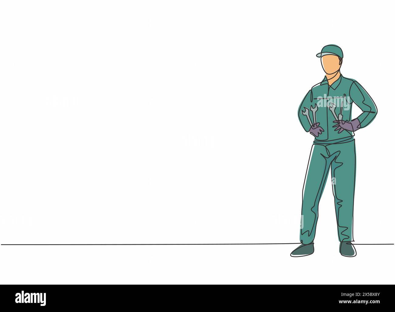 Single one line drawing of young male mechanic pose standing on ...