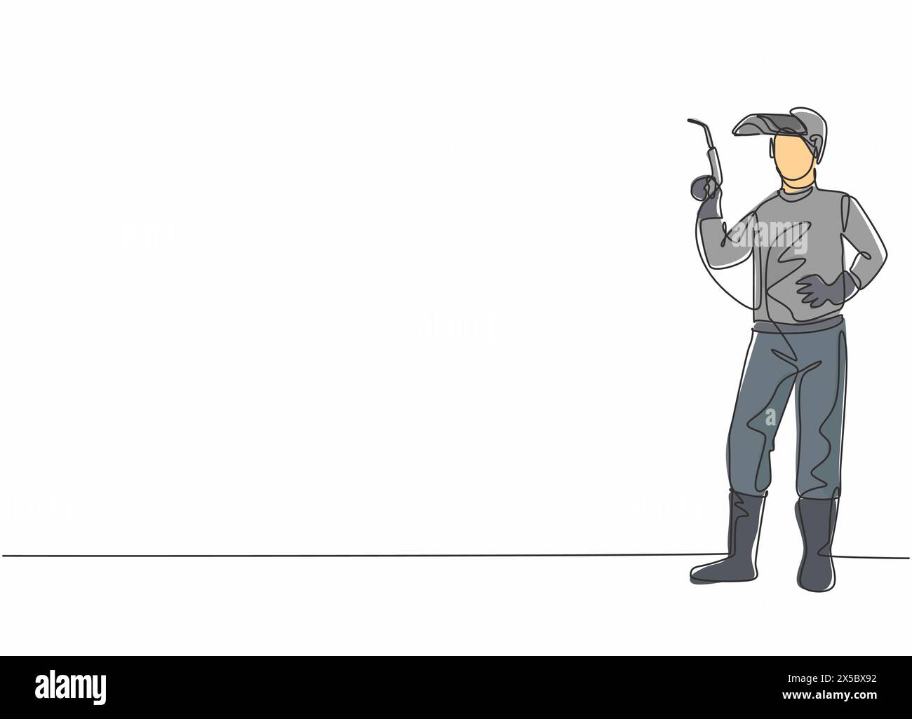 Continuous one line drawing of young male welder pose standing and ...