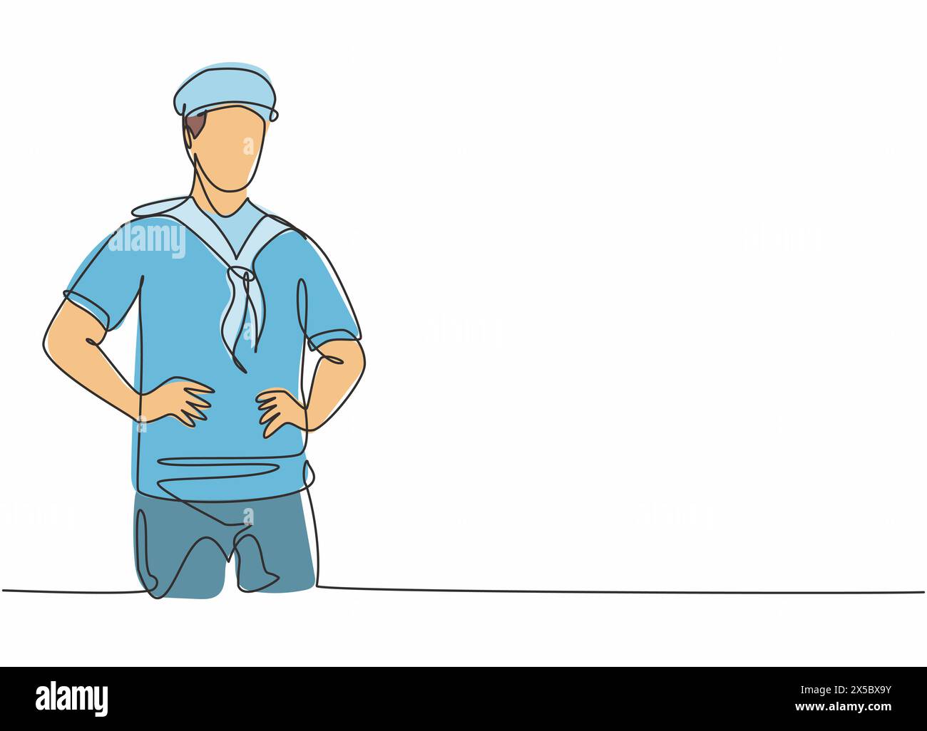 Continuous one line drawing of young sailor man wearing sailing uniform ...