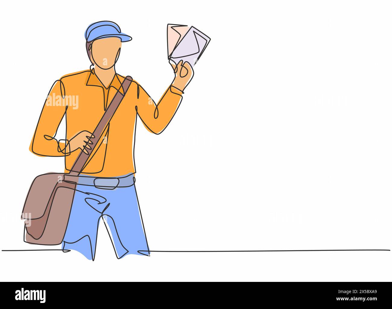 Single continuous line drawing of young postman holding envelopes to be ...