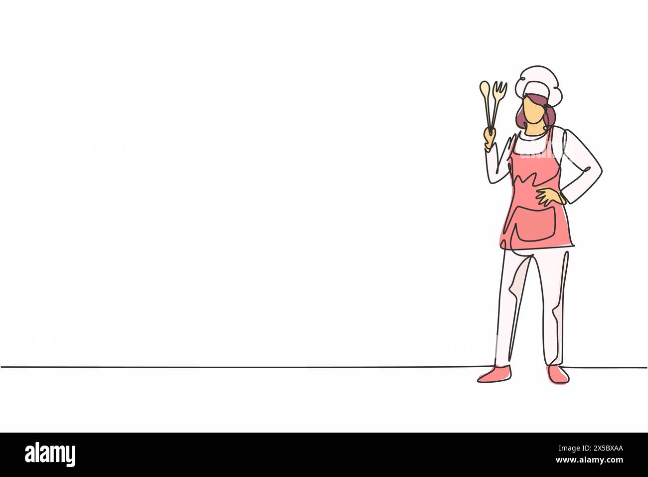 Continuous one line drawing of young beautiful female chef standing ...