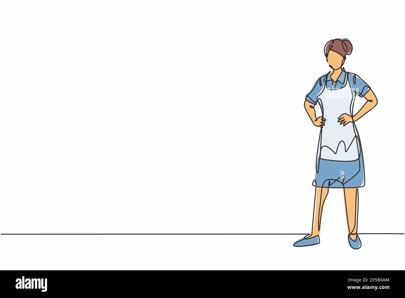 Single continuous line drawing young beauty female hotel maid standing ...