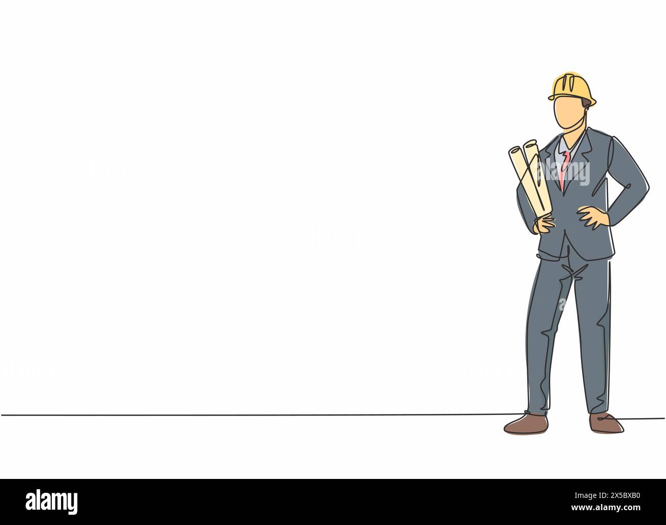 Single continuous line drawing young male architect wearing helmet ...