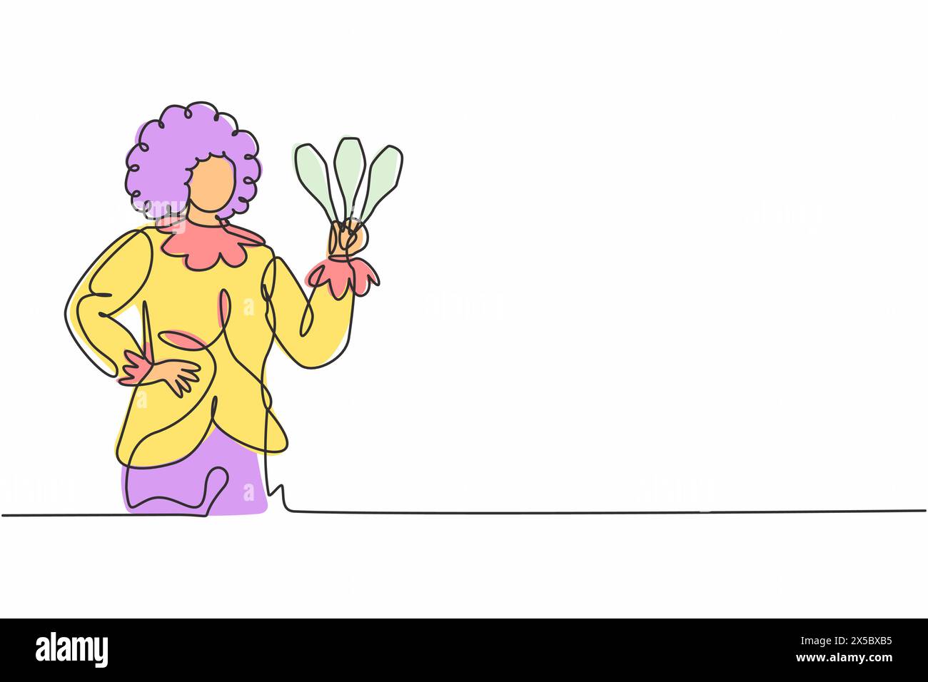 Continuous one line drawing young beautiful funny female clown holding ...