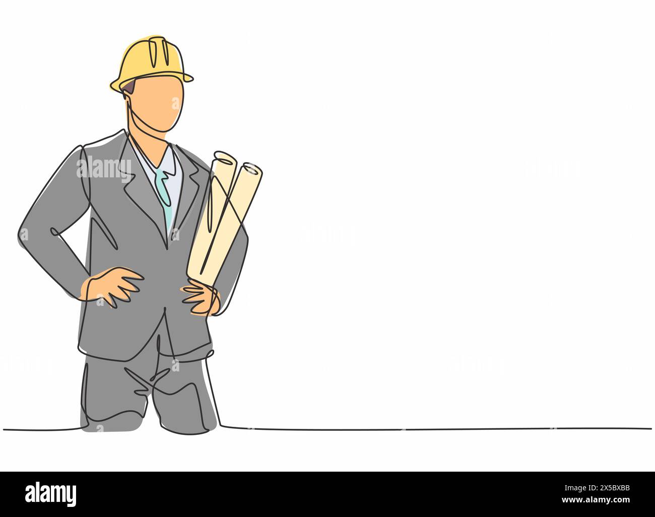 Single one line drawing of young male architect holding blueprint paper ...