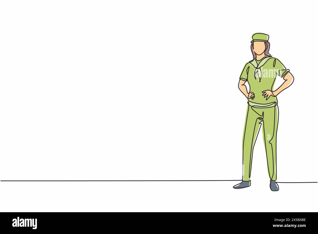 Single continuous line drawing of young female sailor standing and ...