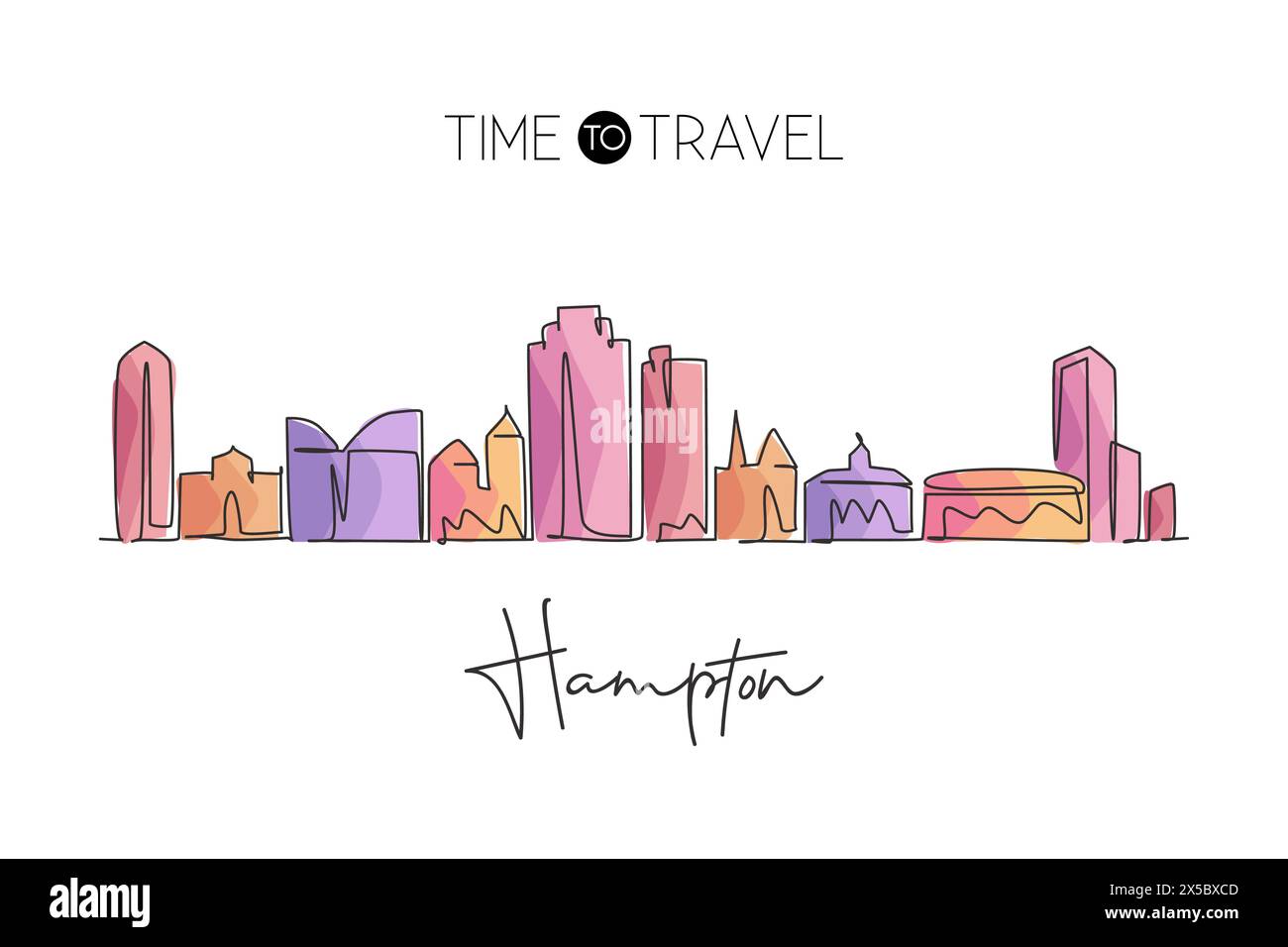 Single continuous line drawing of Hampton skyline, Virginia. Famous ...