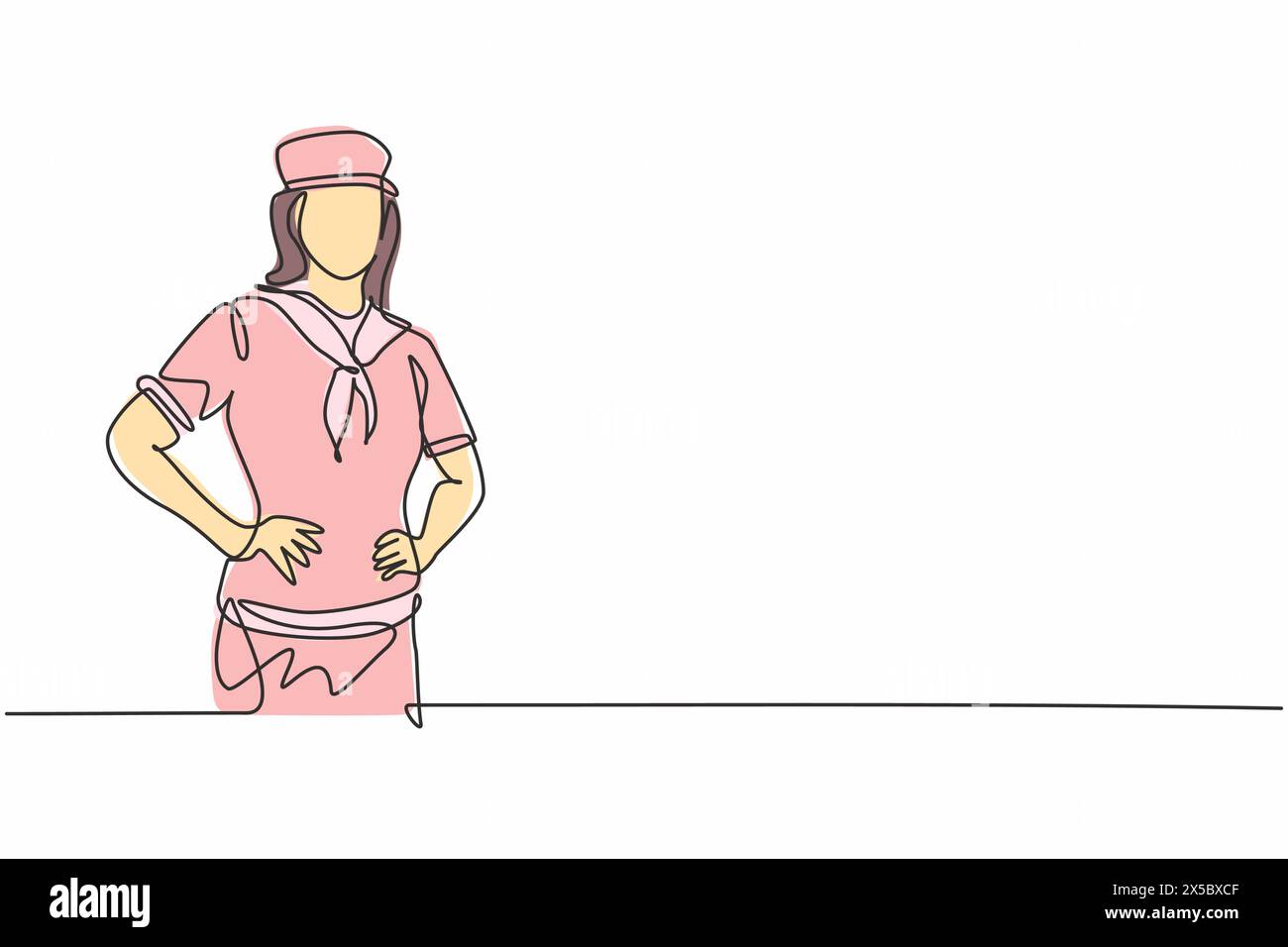 Single one line drawing of young beauty sailor female posing with hands ...