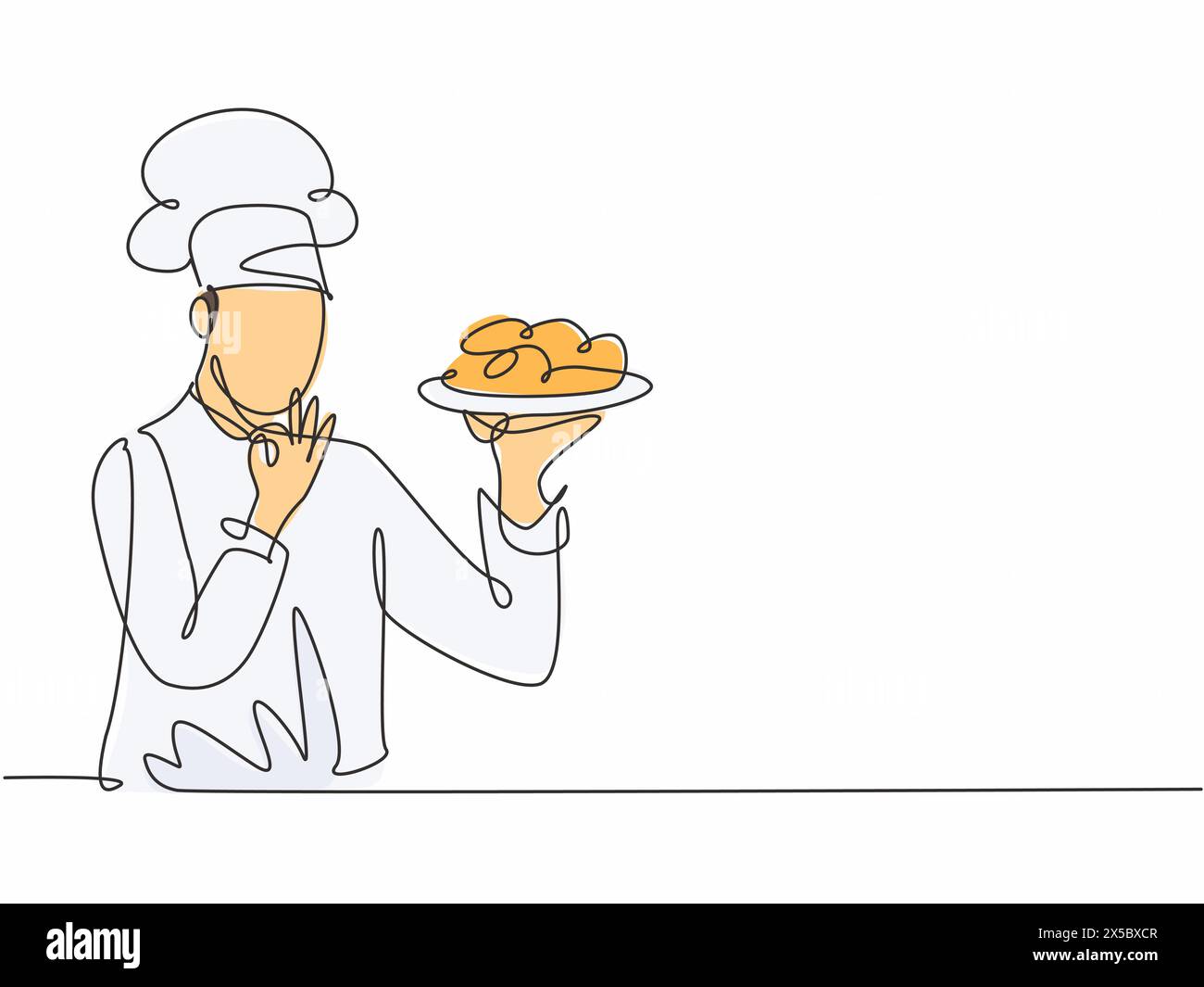 Single one line drawing young happy handsome male chef give tasting ...