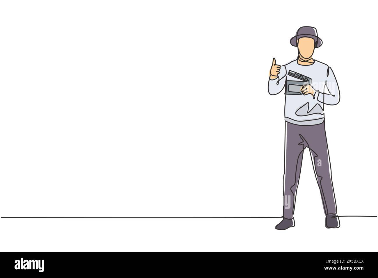 Single continuous line drawing film director stands with a thumbs-up ...