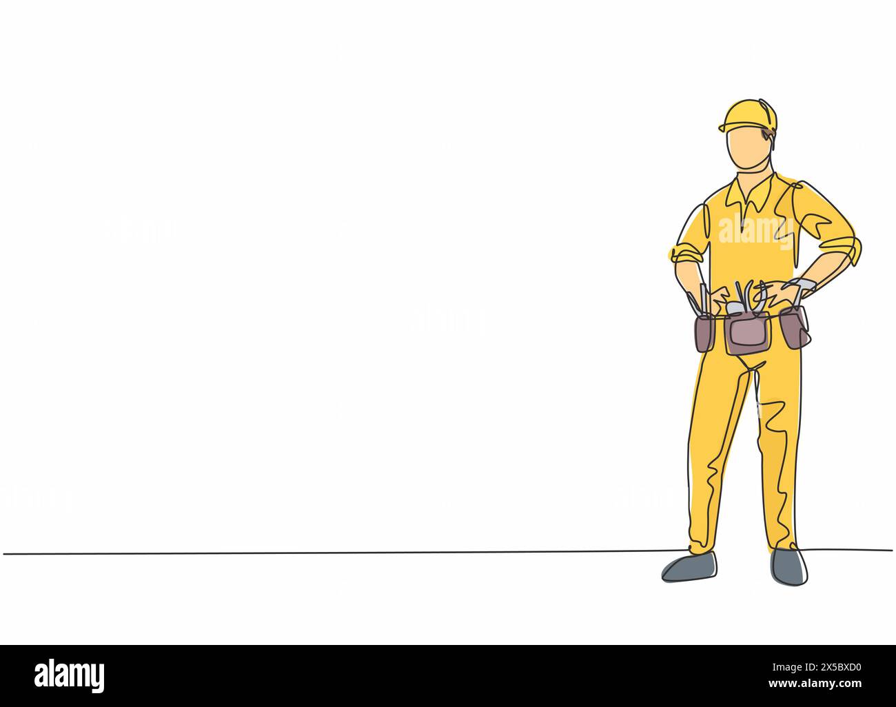 Continuous one line drawing of young handsome handyman pose standing ...