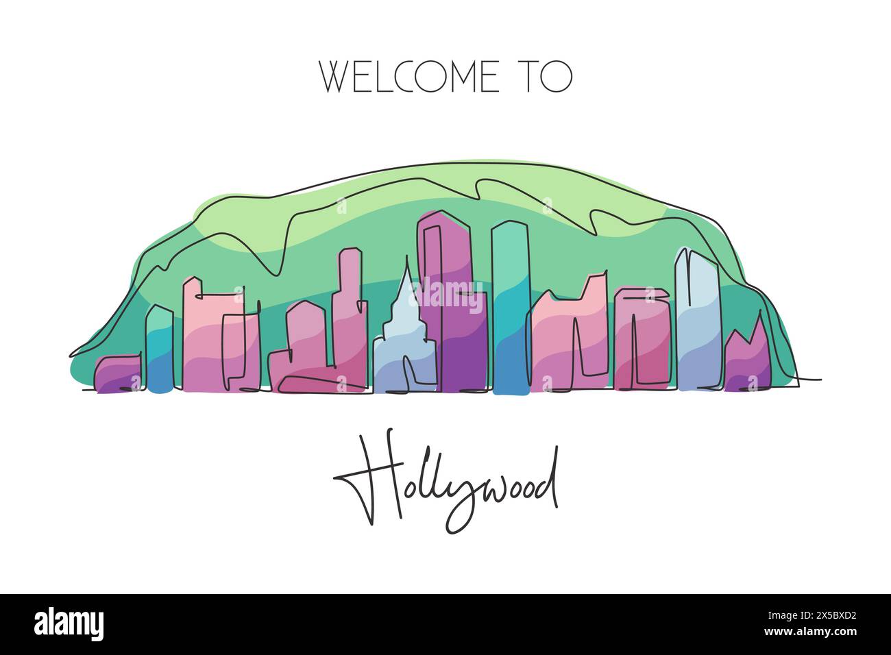 One continuous line drawing of Hollywood city skyline, Los Angeles ...