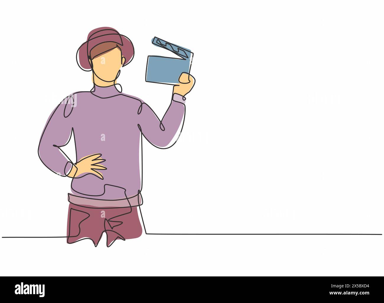 Single one line drawing of young smart male film director holding ...