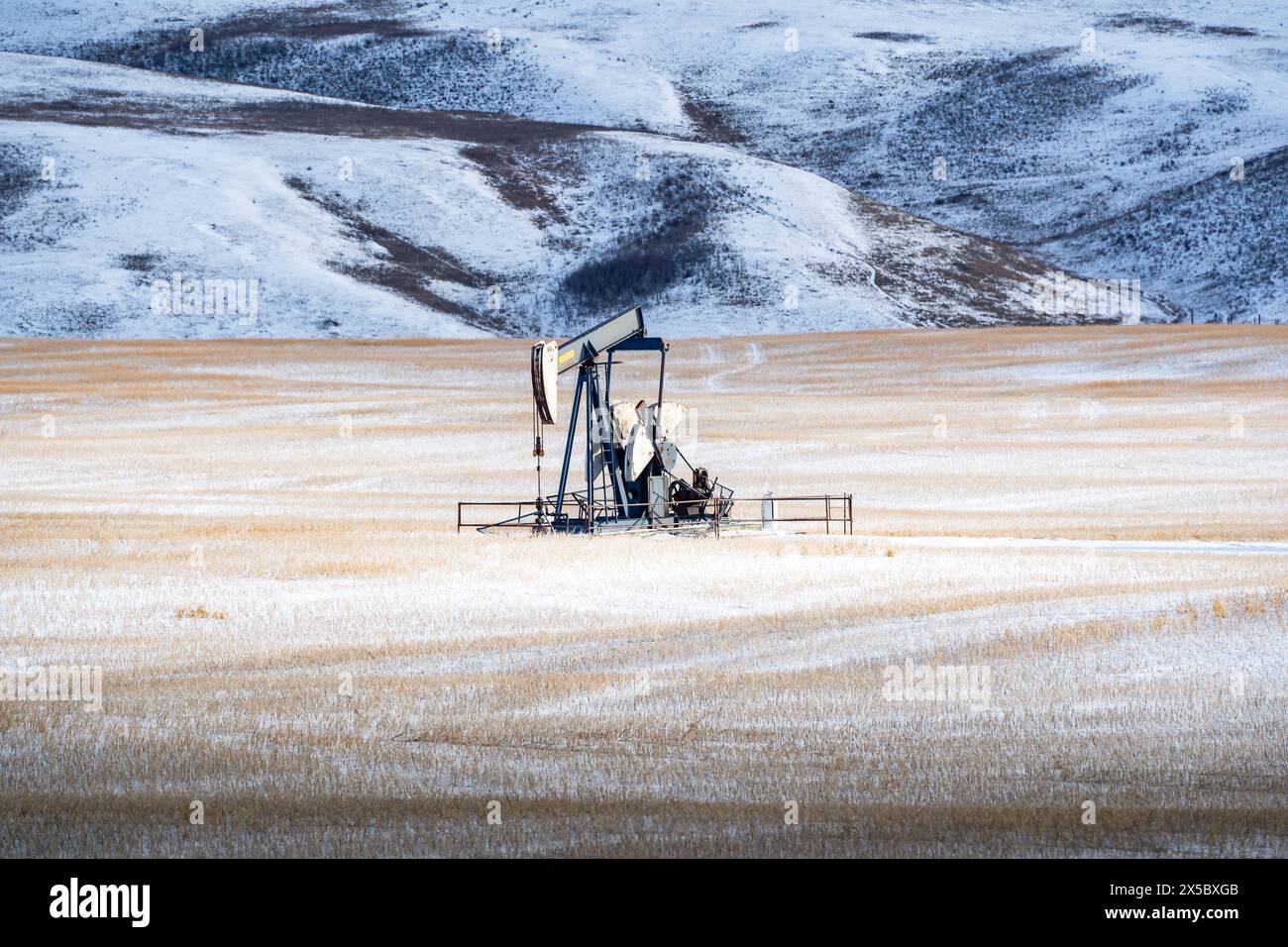 Oil well pump jack sits dormant on a wheat field during winter on the ...