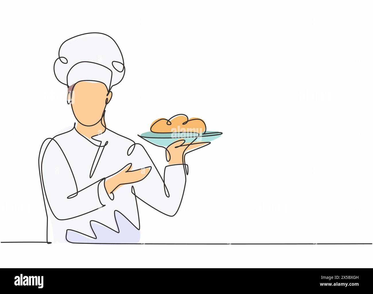 Continuous one line drawing of young attractive male chef holding main ...