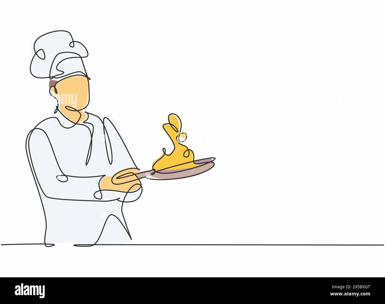 Single continuous line drawing of young confident handsome male chef ...