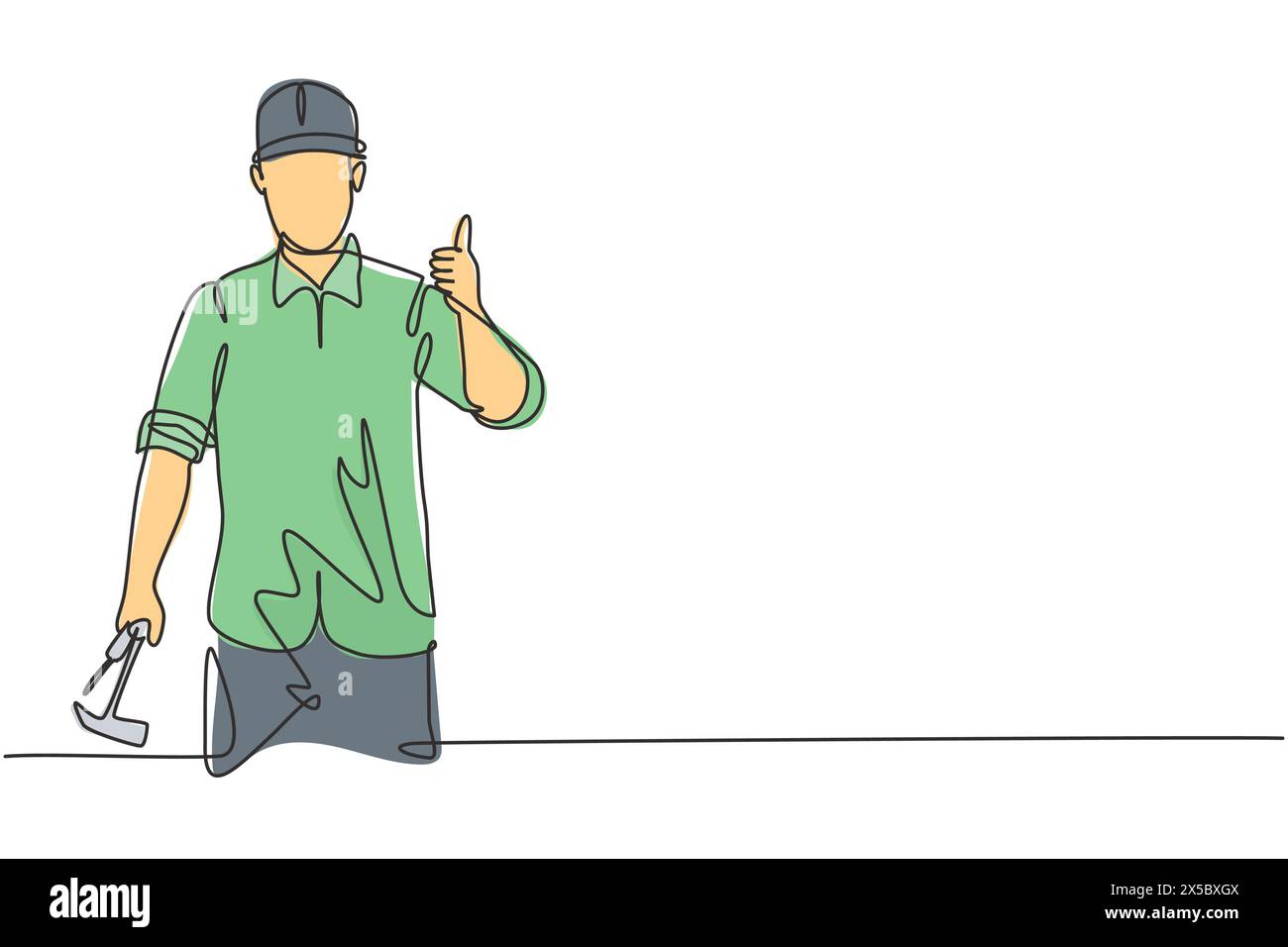 Single continuous line drawing a carpenter with a thumbs-up gesture ...