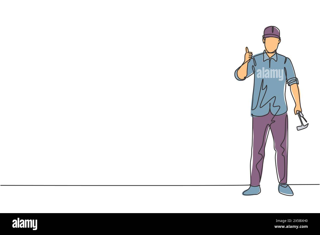 Continuous one line drawing a carpenter standing with a thumbs-up ...