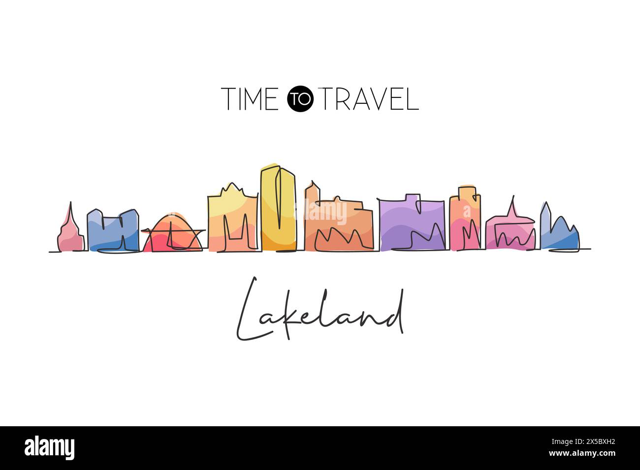 One continuous line drawing Lakeland city skyline, Florida. Beautiful ...