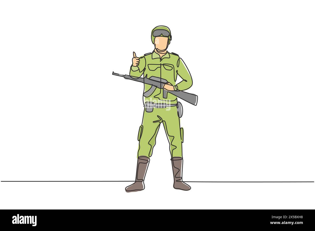 Continuous one line drawing Soldiers stand with weapons, full uniforms ...