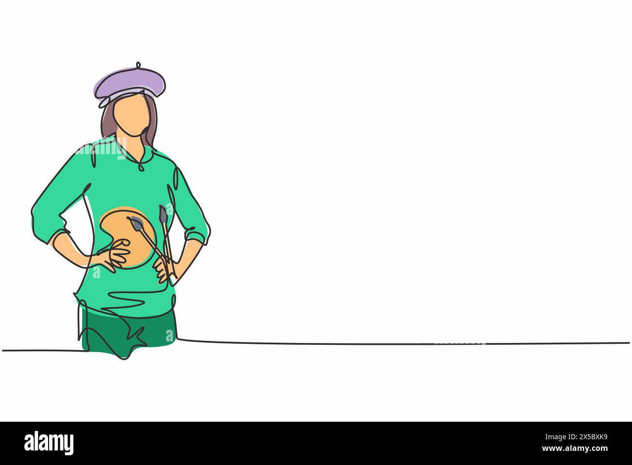 Continuous one line drawing of young female beautiful talented painter ...