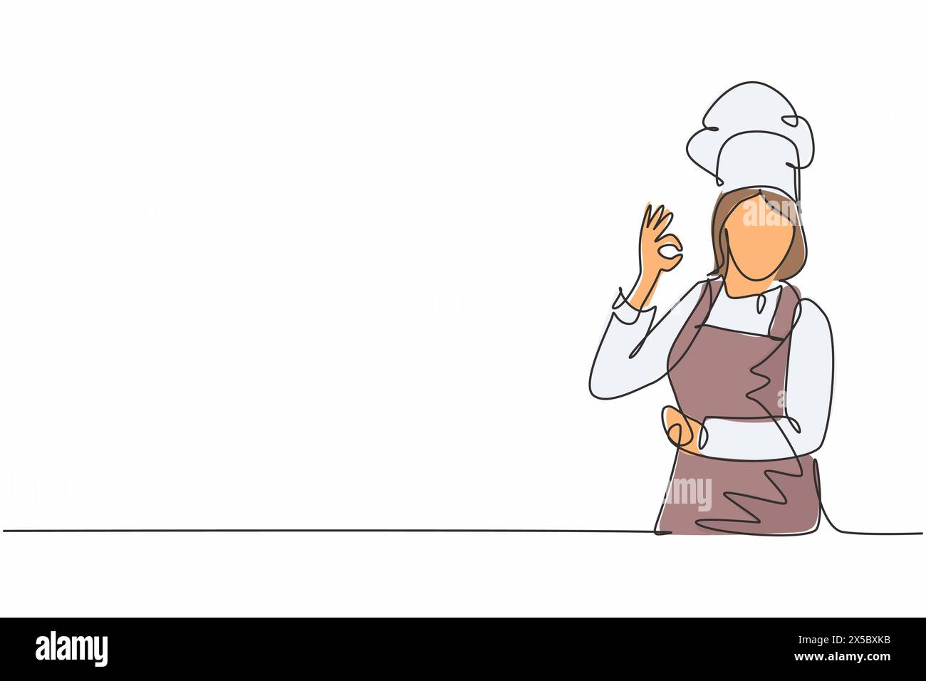 One continuous line drawing of young female chef pose casually while ...