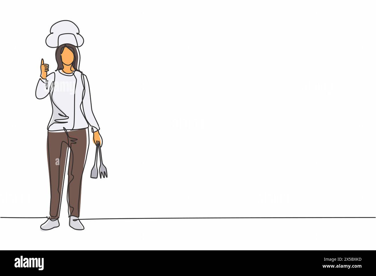 Single continuous line drawing female chef stands with a thumbs-up ...