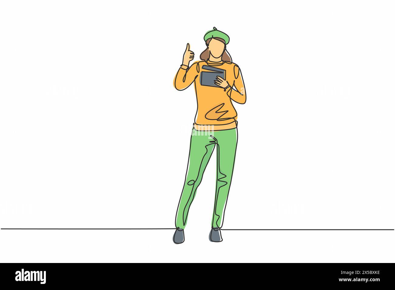 Continuous one line drawing woman film director stands with a thumbs-up ...