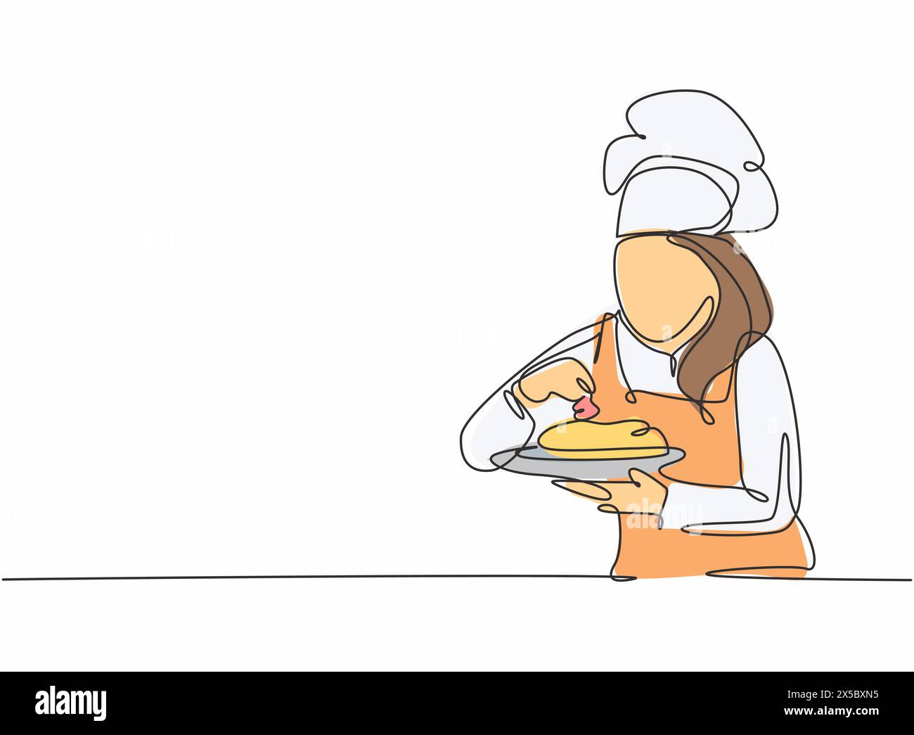 Continuous one line drawing of young confident beauty female chef ...