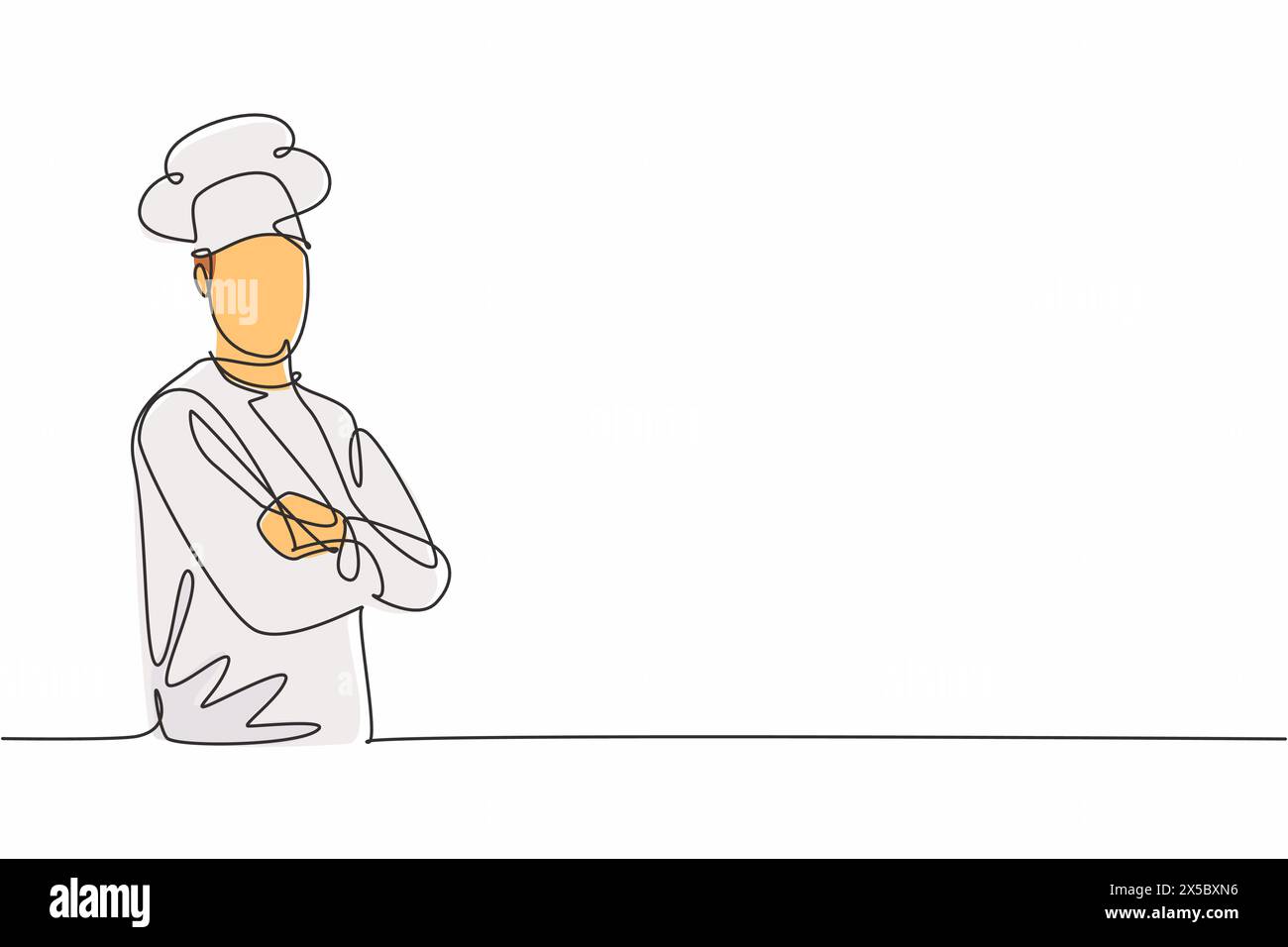 Continuous one line drawing young male chef pose cross his arms on ...