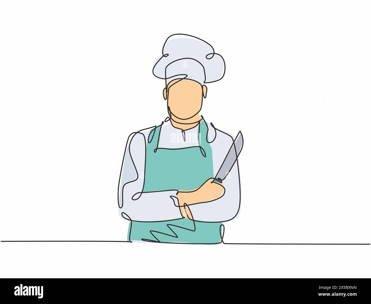 Single one line drawing of young confident handsome male chef holding ...